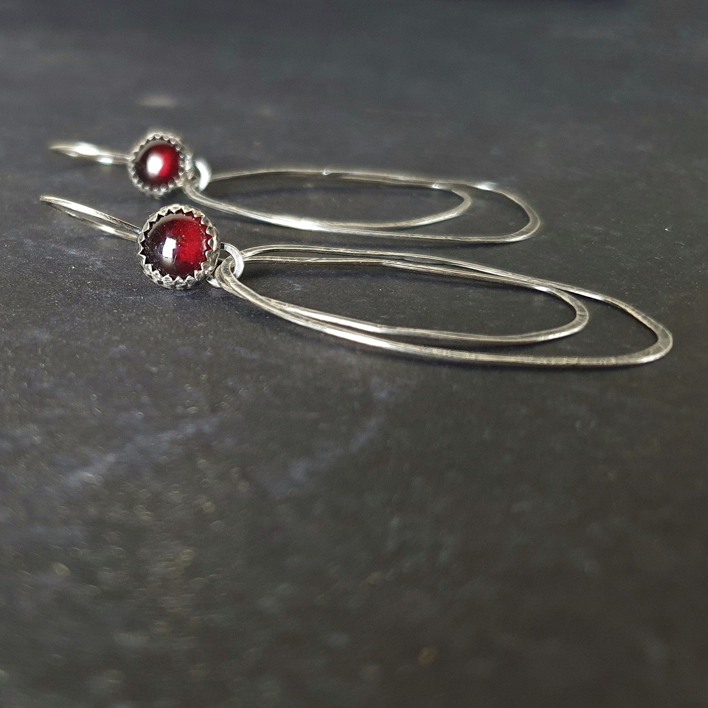 Long Garnet Hoops Artisan Hoop Earrings Oxidized Silver Long | Etsy