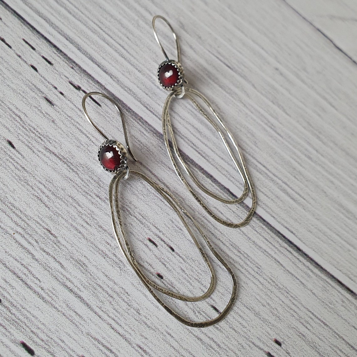 Long Garnet Hoops Artisan Hoop Earrings Oxidized Silver Long | Etsy