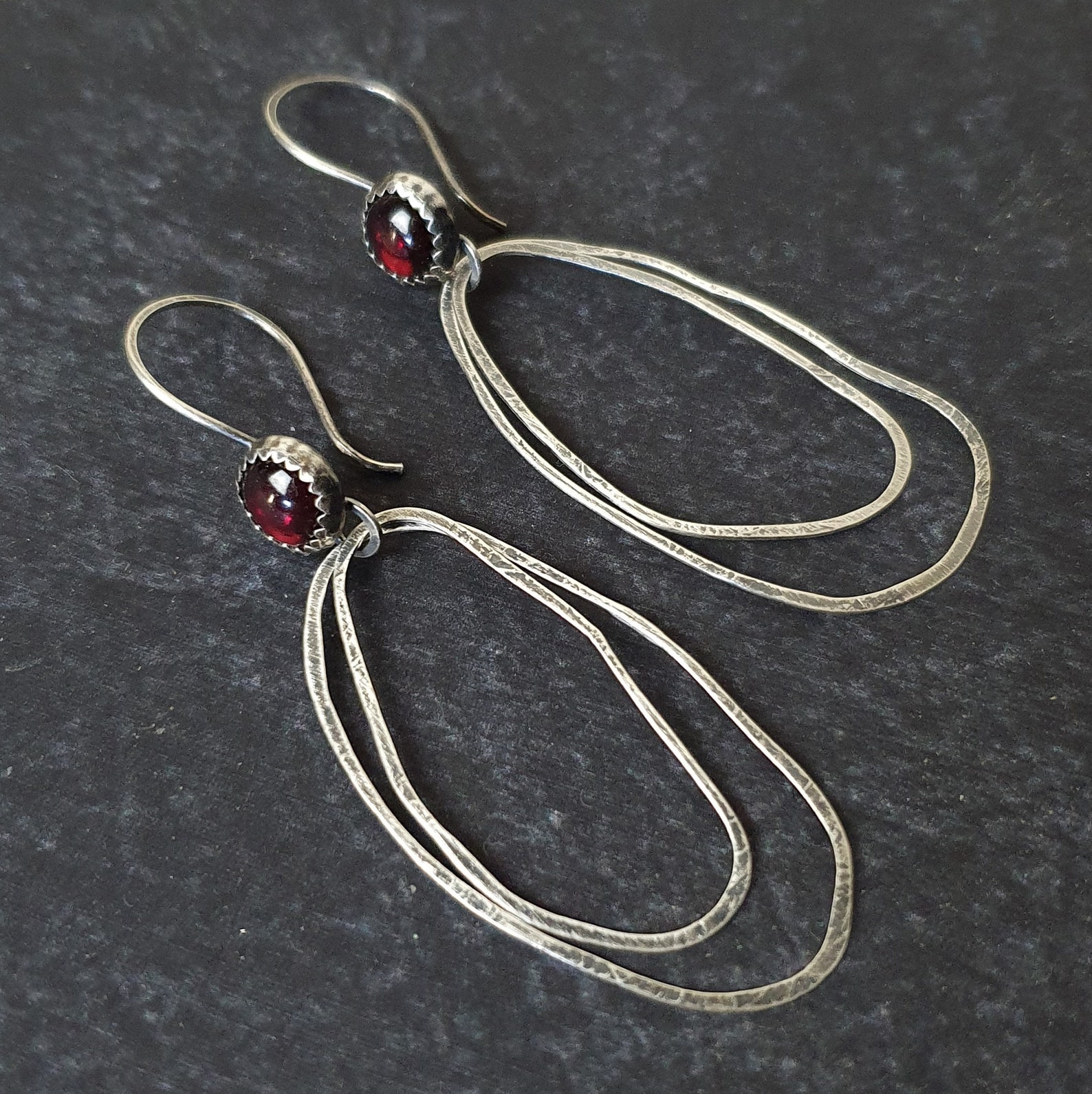Long Garnet Hoops Artisan Hoop Earrings Oxidized Silver Long - Etsy