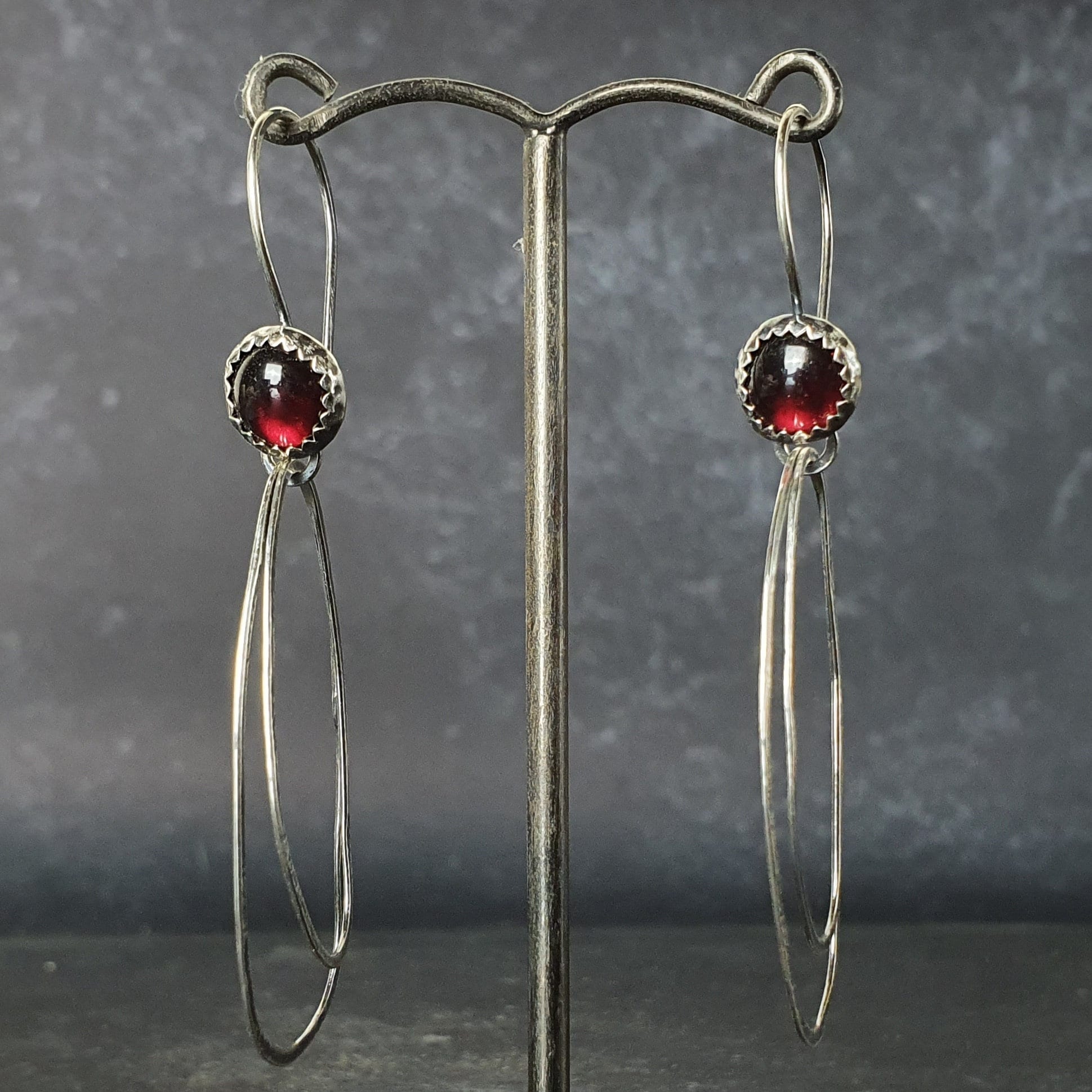 Long Garnet Hoops Artisan Hoop Earrings Oxidized Silver Long | Etsy