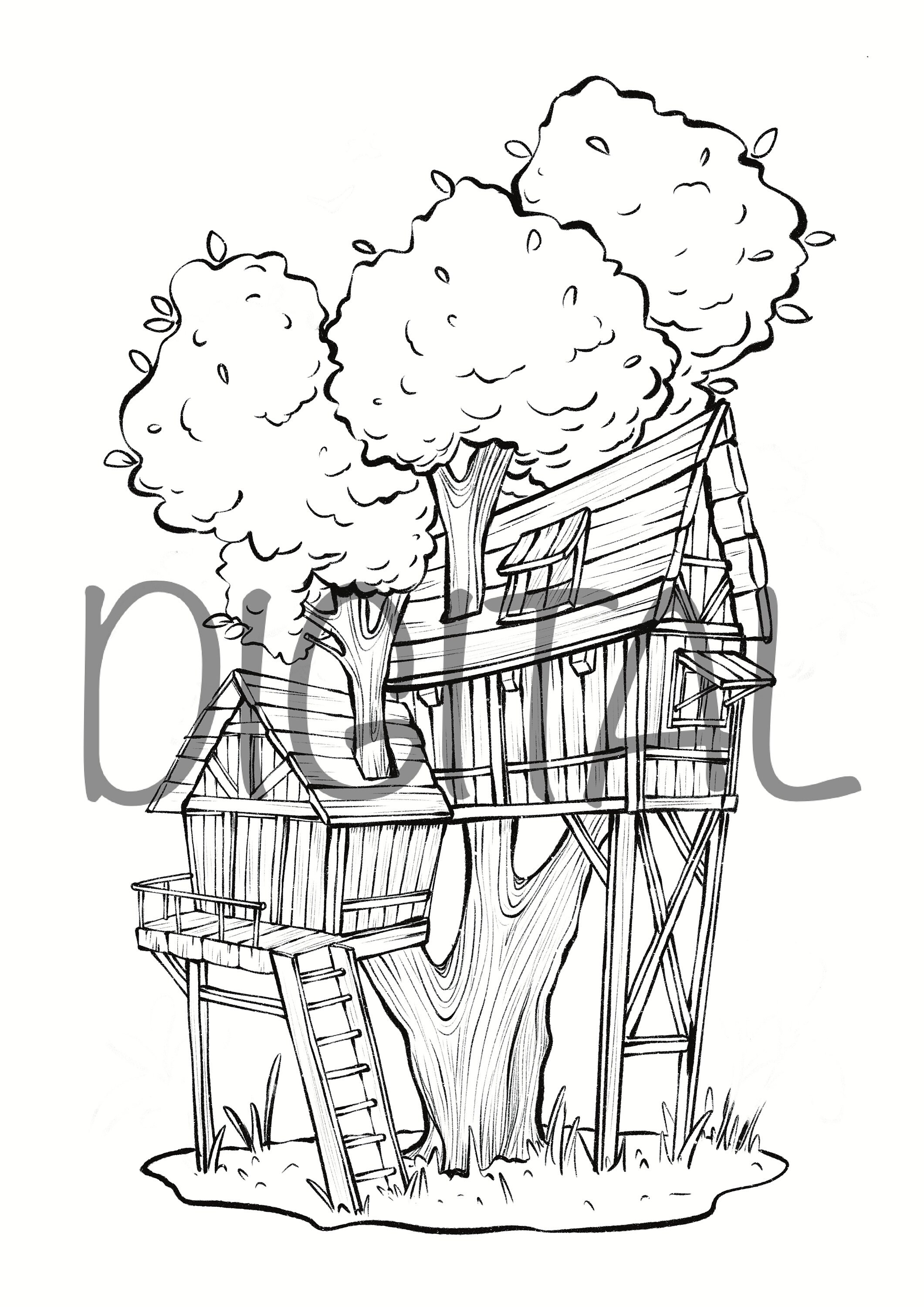 Cute Treehouse Printable Coloring Page Landscape Jpg and - Etsy Australia