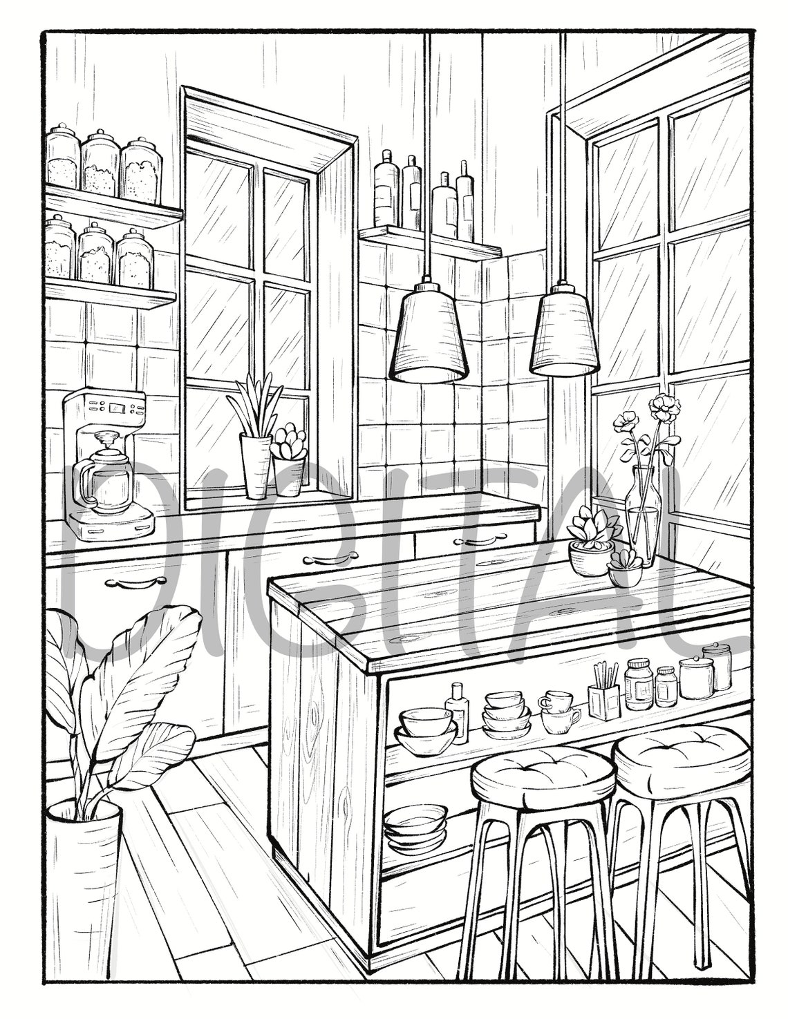 Interior Kitchen Coloring Printables Cozy Room House - Etsy