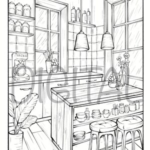 Interior Kitchen Coloring Printables, Cozy, Room, House, Detailed ...