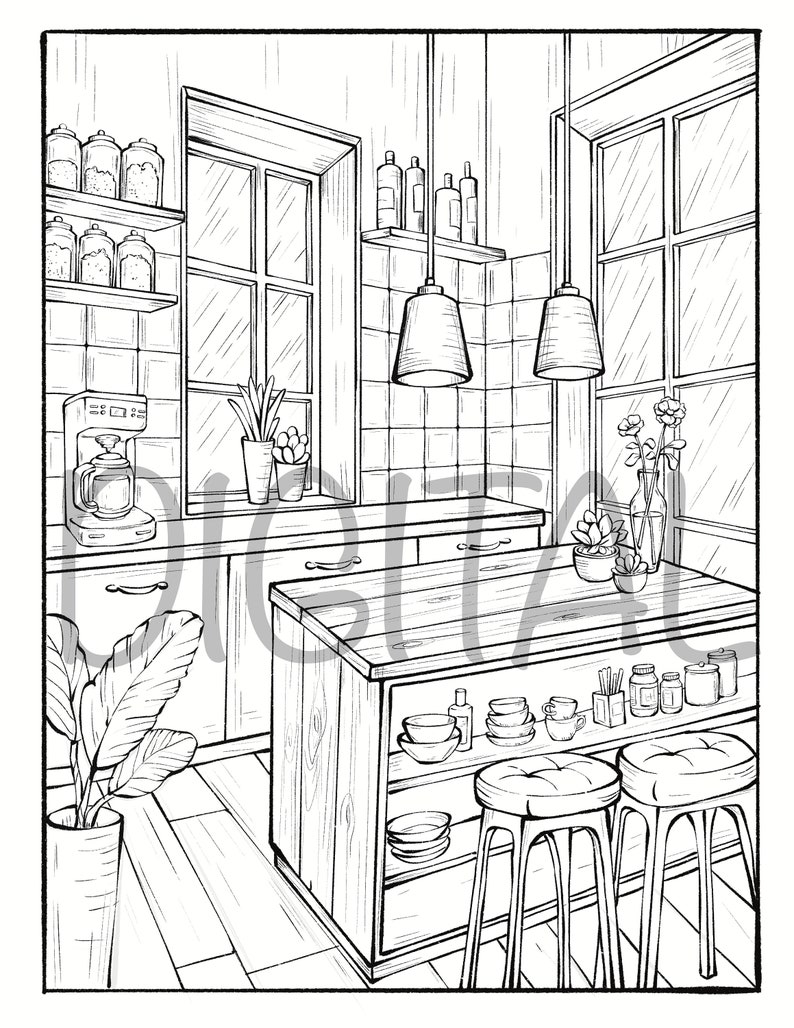 Interior Kitchen Coloring Printables Cozy Room House - Etsy