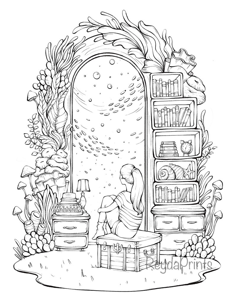 Ocean Girl Coloring Pages Fantasy Magical Underwater Corals - Etsy