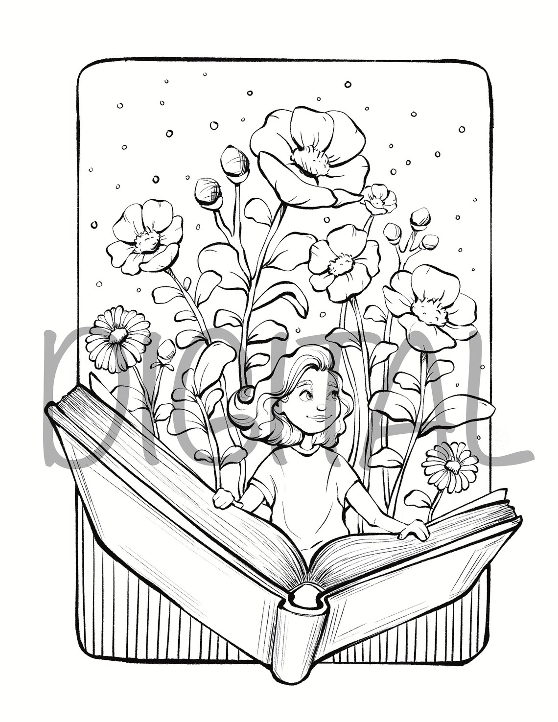 Girl Floral Books Coloring Pages Fantasy Procreate Letter | Etsy