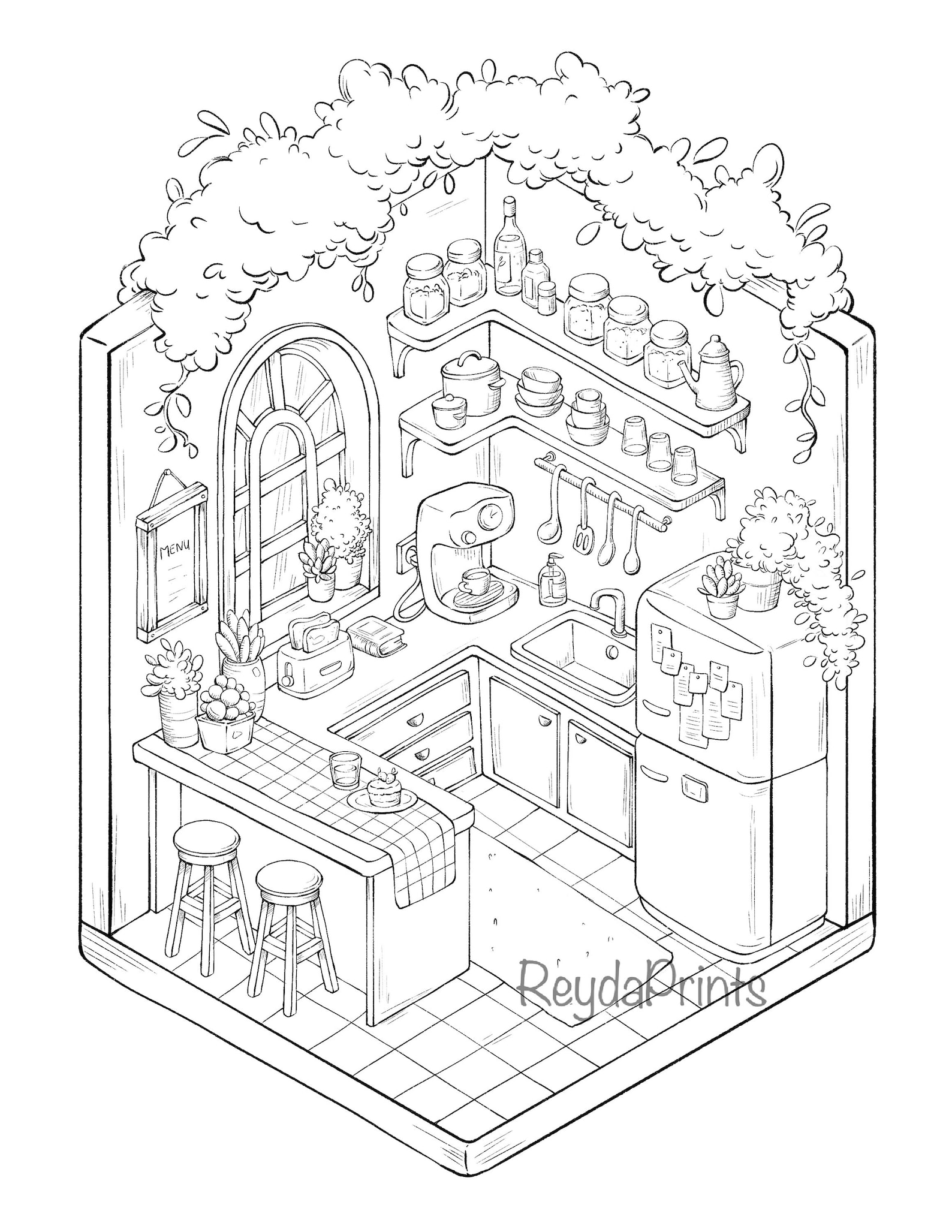Interior Isometric Coloring Printables, Cozy Living Room, Bedroom ...