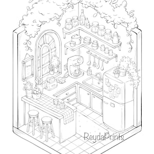 Interior Isometric Coloring Printables, Cozy Living Room, Bedroom ...