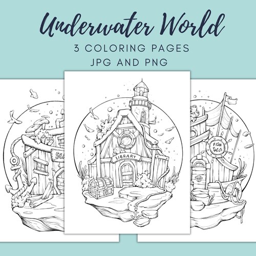 Underwater World Coloring Printables Library Cafe Building - Etsy