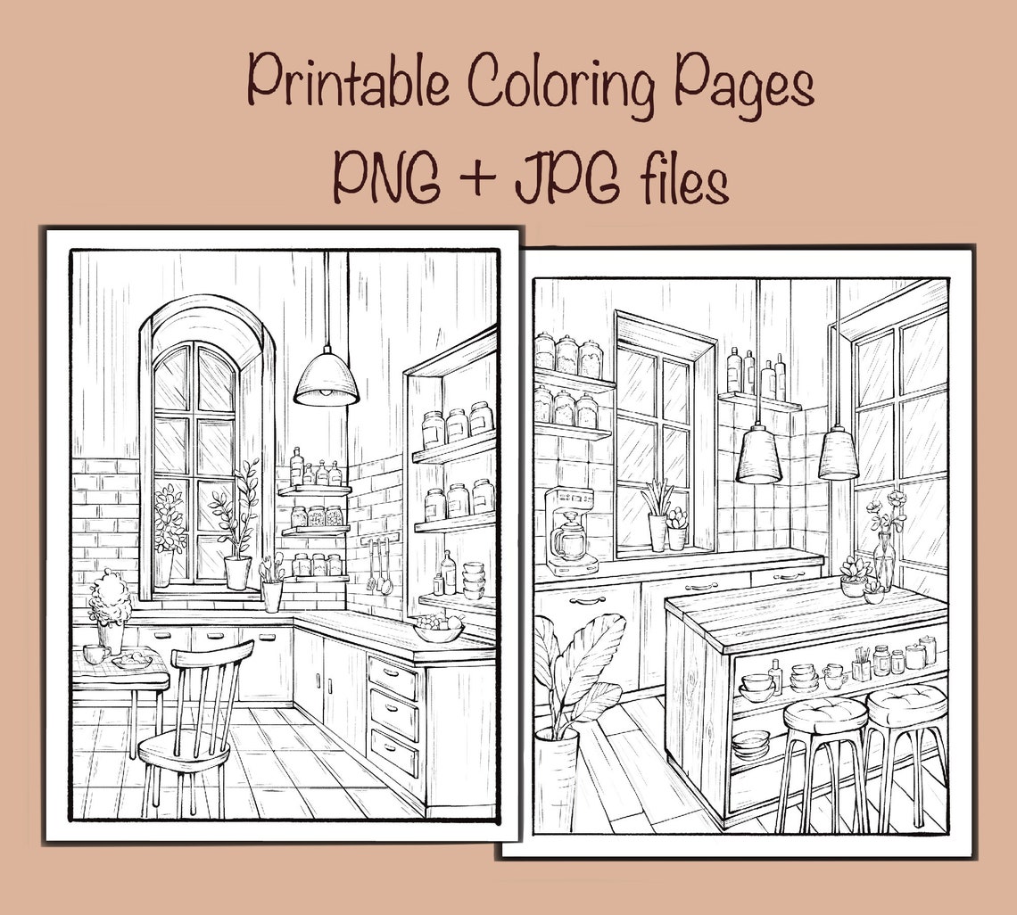 Interior Kitchen Coloring Printables Cozy Room House - Etsy