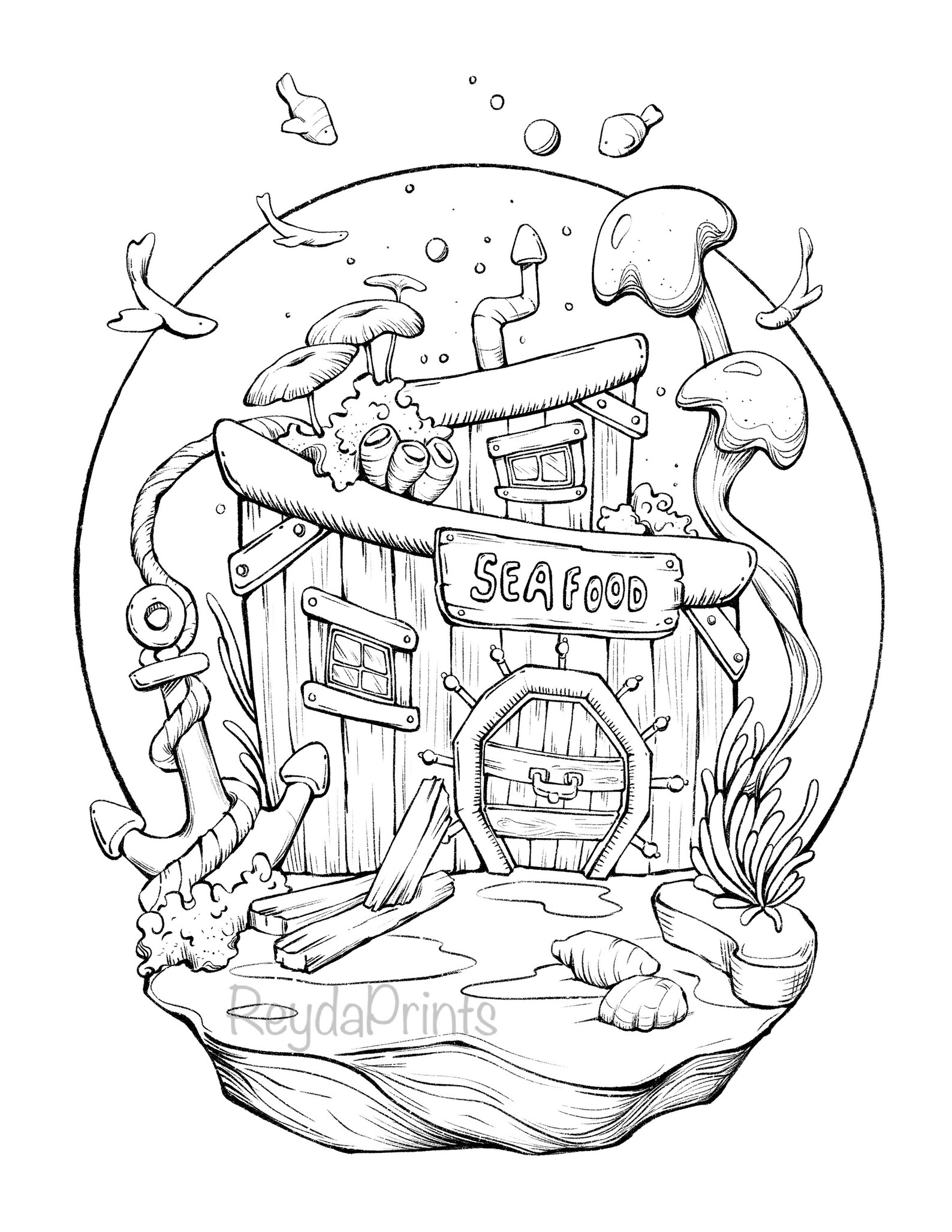 Underwater World Coloring Printables Library Cafe Building - Etsy