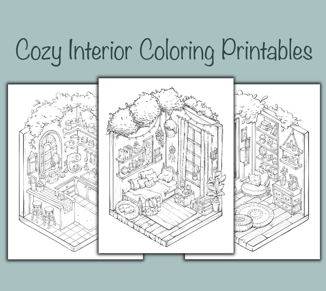 Interior Isometric Coloring Printables, Cozy Living Room, Bedroom ...