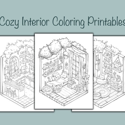 Interior Isometric Coloring Printables Cozy Living Room - Etsy
