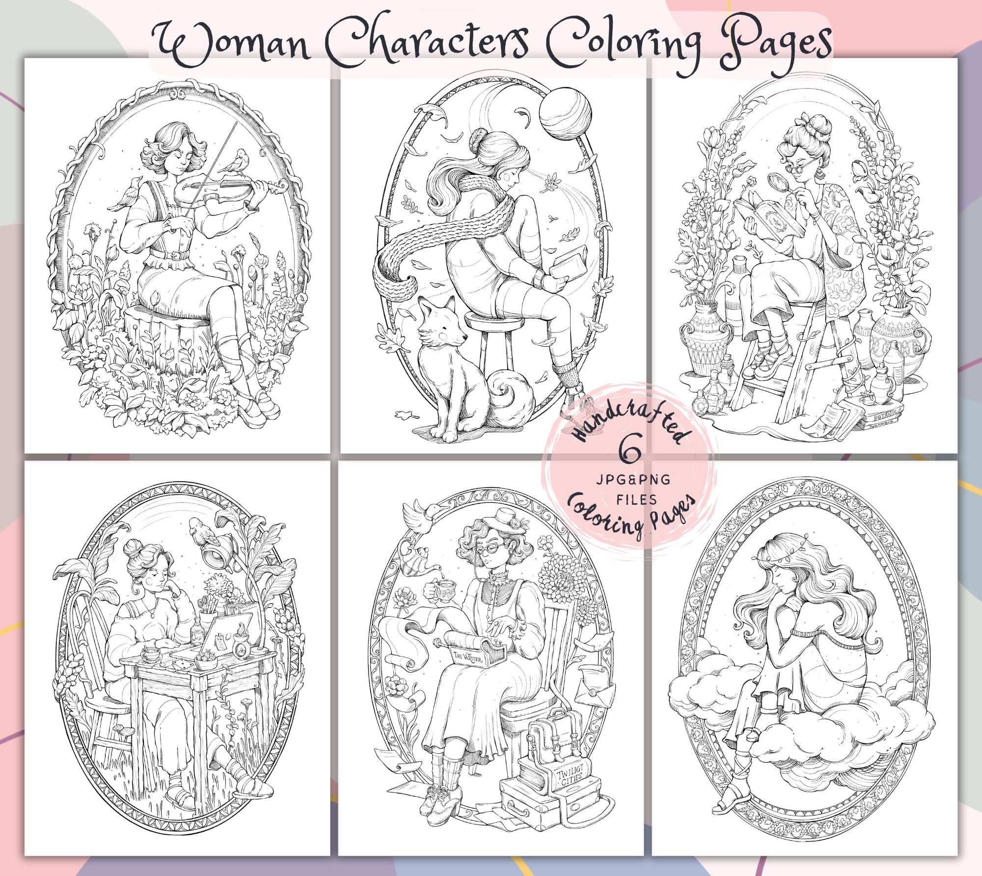 Woman Characters Coloring Pages, Digital Printables, Cute, Procreate ...