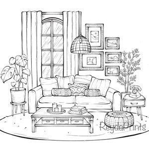 Cozy Interior Coloring Printables, Boho Vintage Room, House, Living ...