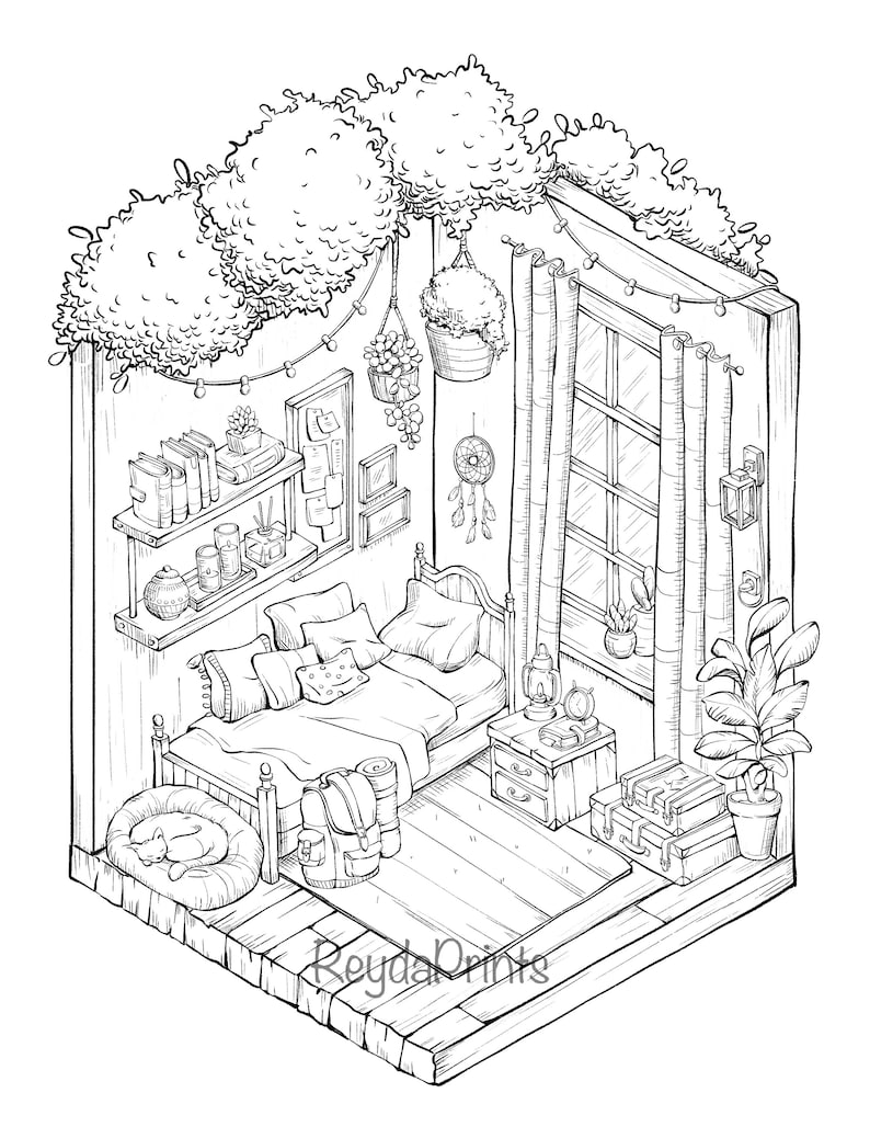 Interior Isometric Coloring Printables Cozy Living Room - Etsy