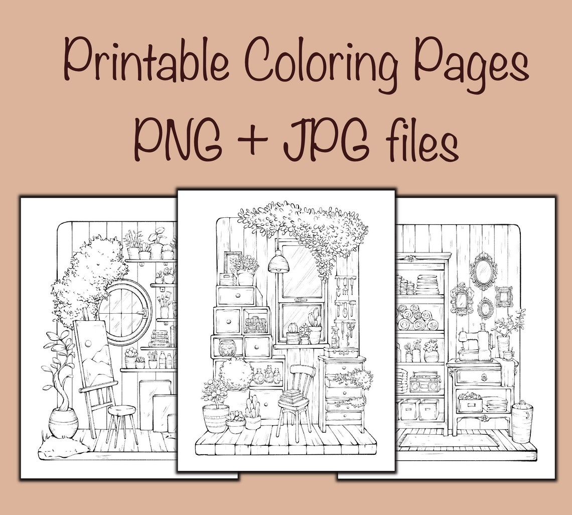 Atelier Interior Coloring Pages, Cozy, Plants, Room, Furniture ...