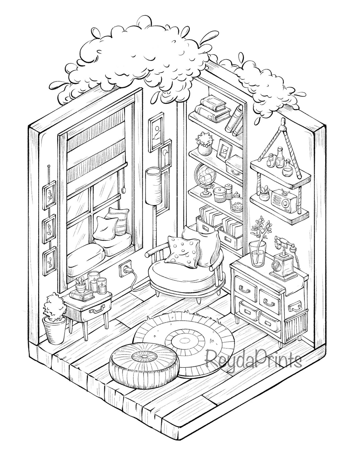 Interior Isometric Coloring Printables, Cozy Living Room, Bedroom ...