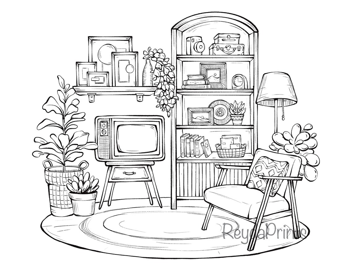 Cozy Interior Coloring Printables Boho Vintage Room House - Etsy