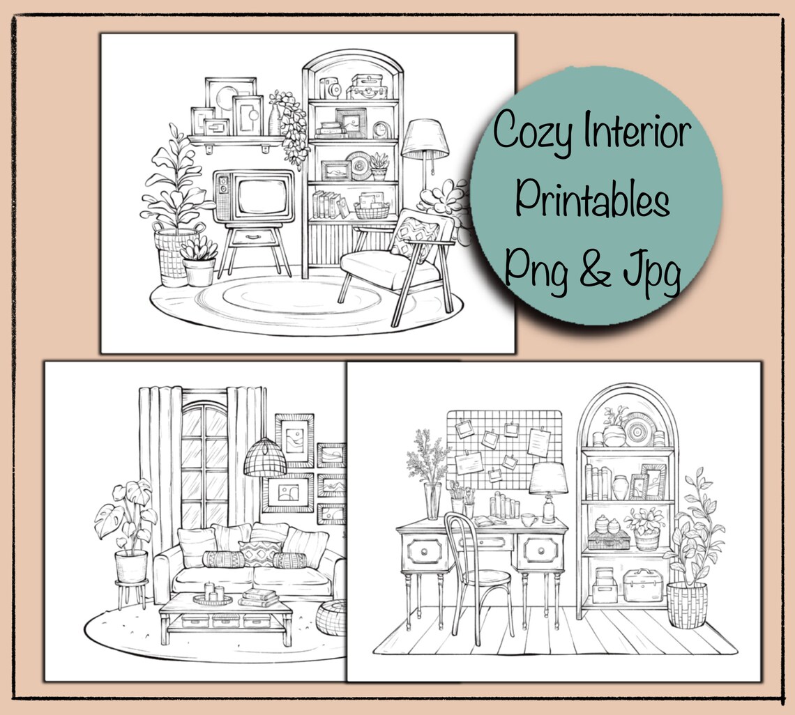 Cozy Interior Coloring Printables Boho Vintage Room House - Etsy