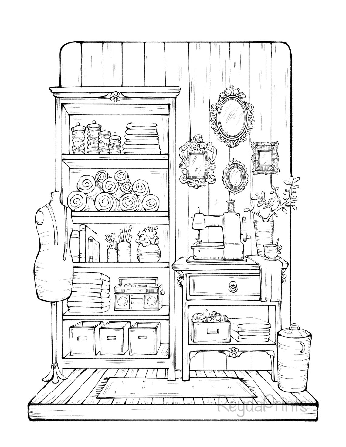 Atelier Interior Coloring Pages, Cozy, Plants, Room, Furniture ...