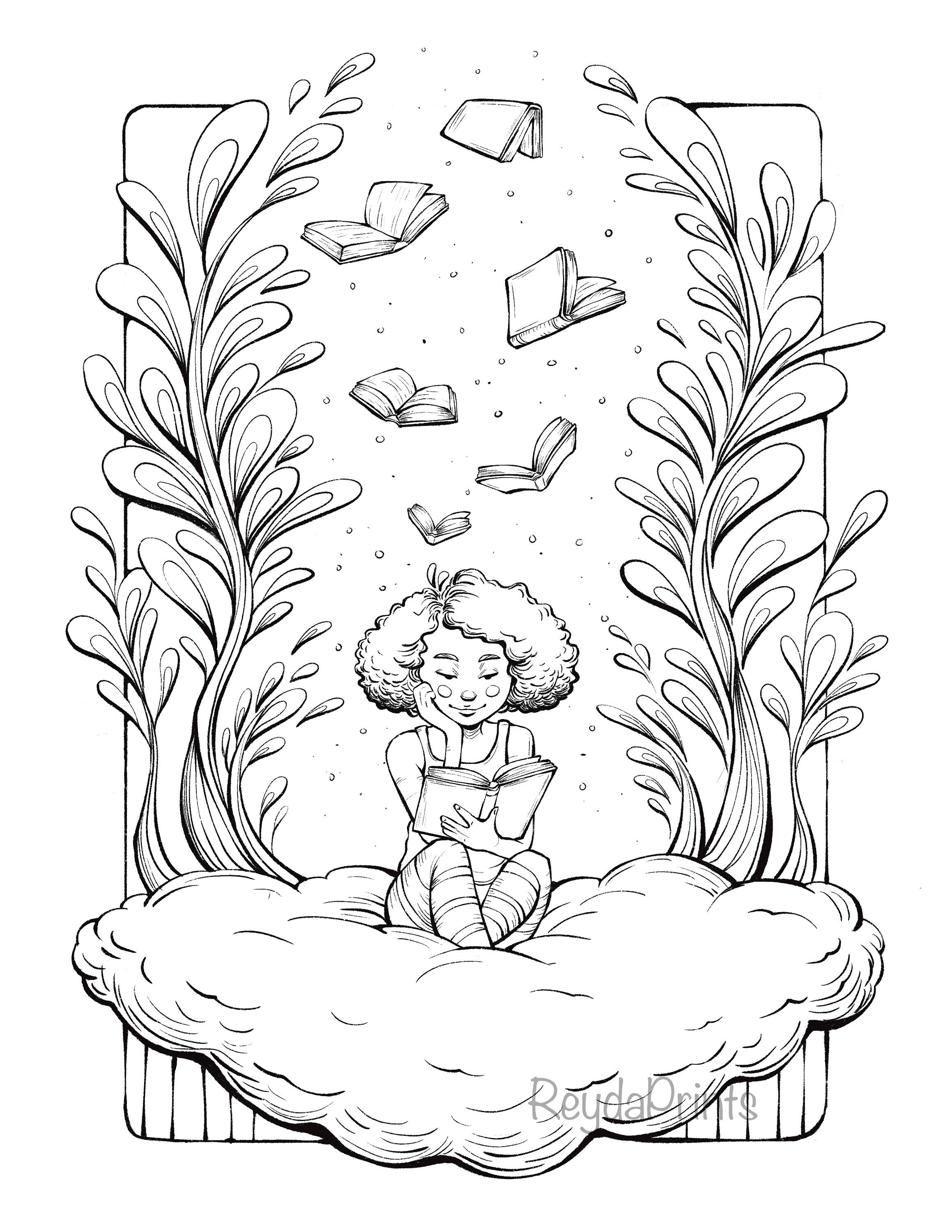 Fantasy Coloring Pages Girls Reading Book Magical Clouds - Etsy