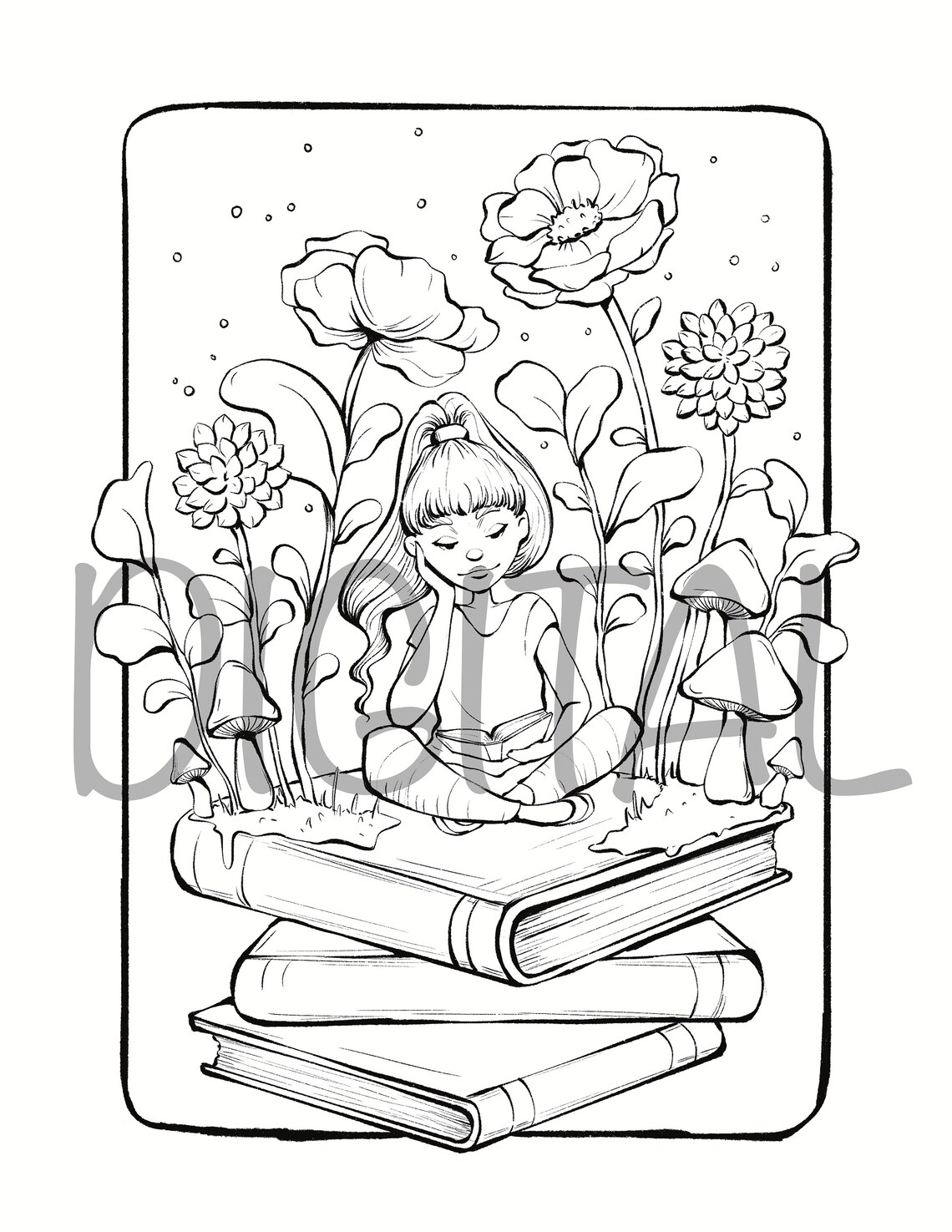 Girl Floral Books Coloring Pages, Fantasy, Procreate, Letter Size , Pdf ...