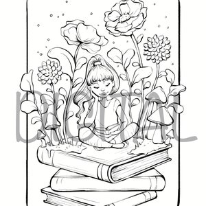 Girl Floral Books Coloring Pages, Fantasy, Procreate, Letter Size , Pdf ...