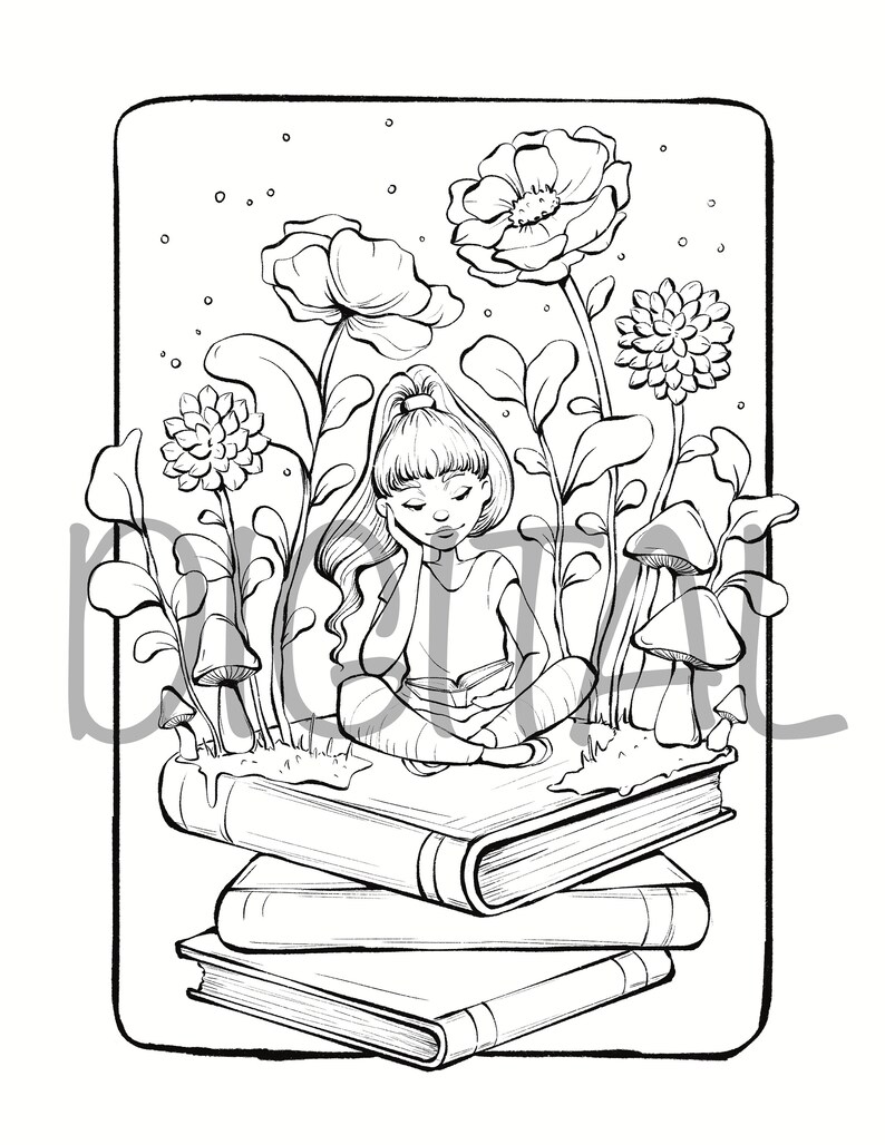 Girl Floral Books Coloring Pages, Fantasy, Procreate, Letter Size , Pdf ...