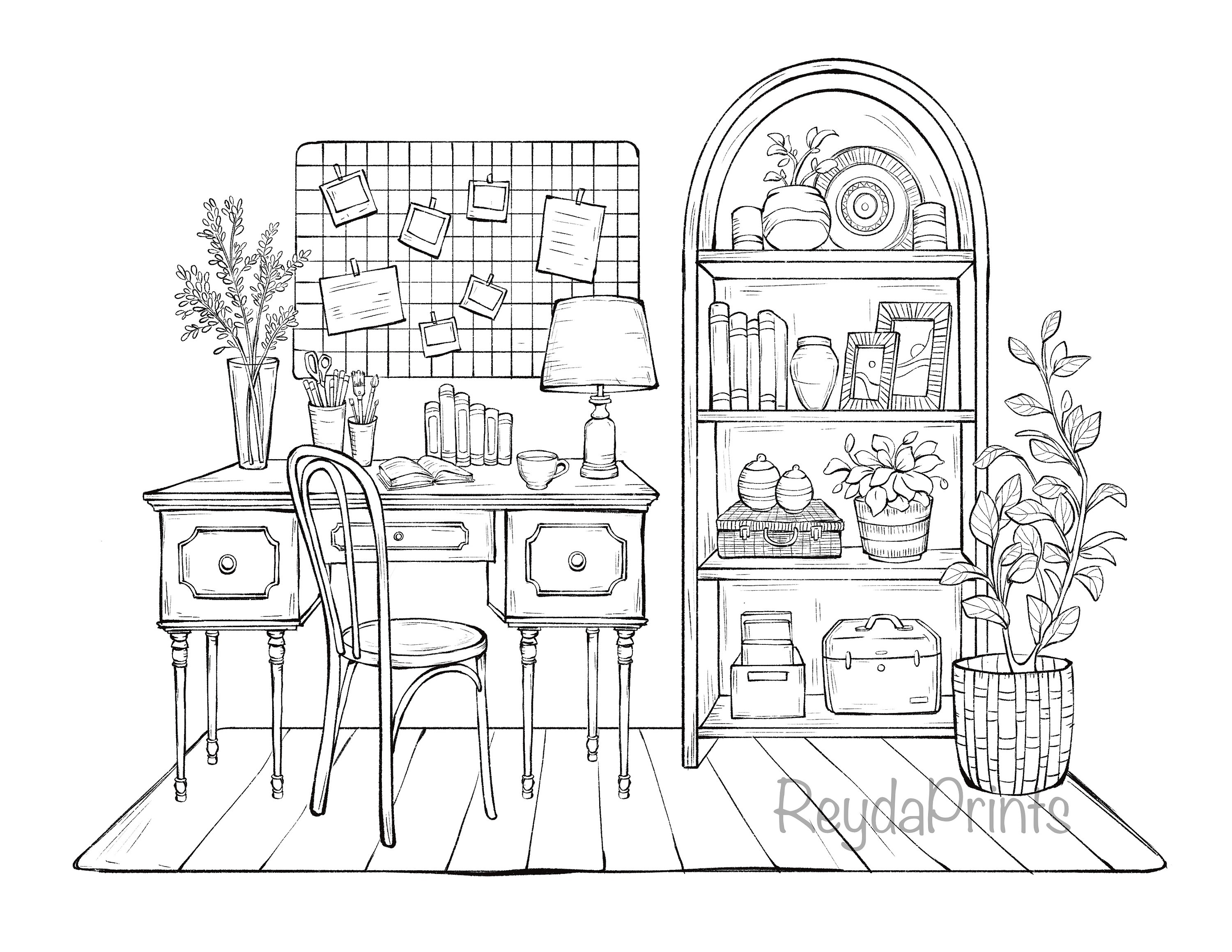 Cozy Interior Coloring Printables Boho Vintage Room House - Etsy