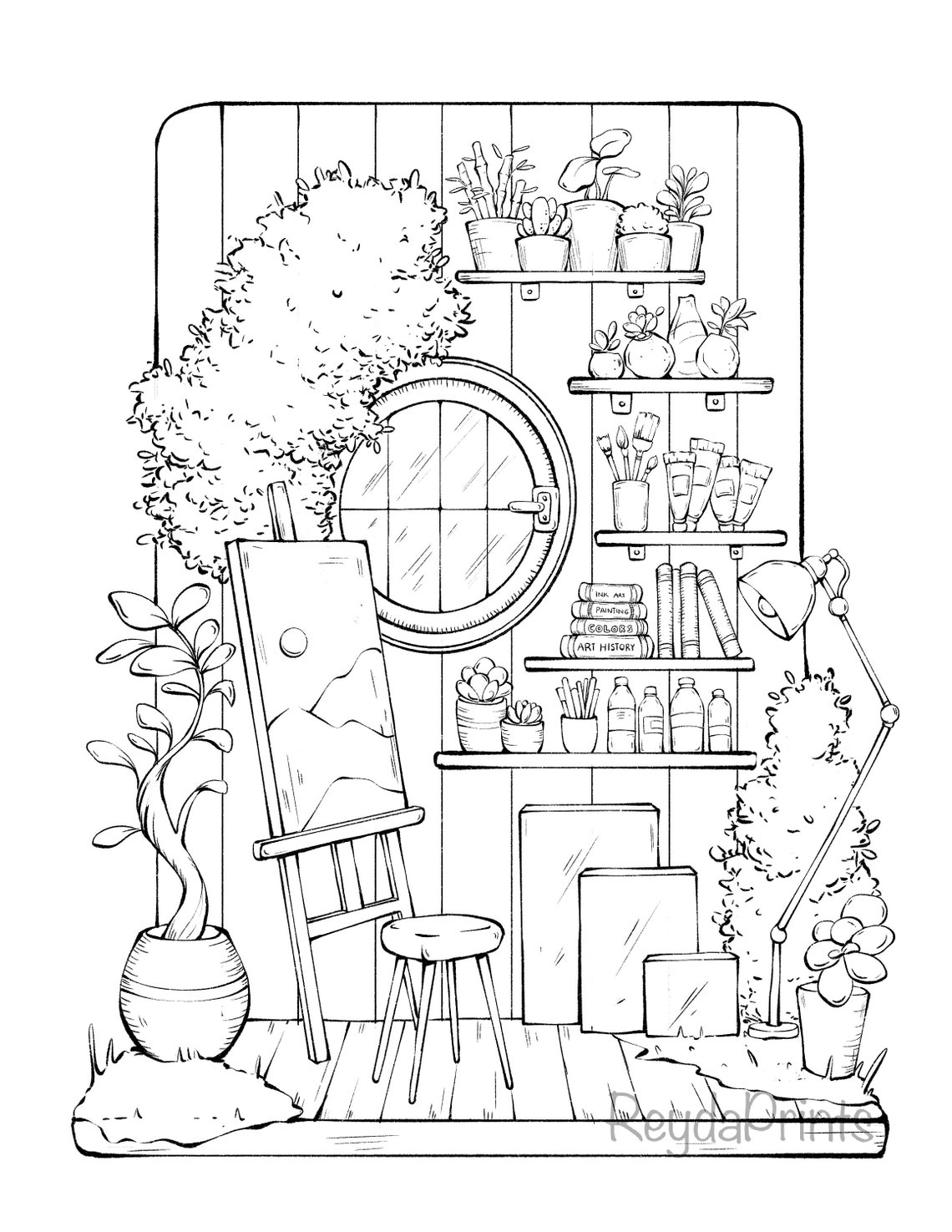 Atelier Interior Coloring Pages, Cozy, Plants, Room, Furniture ...