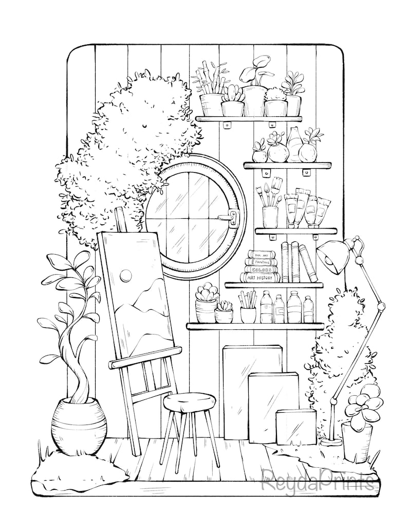 Atelier Interior Coloring Pages, Cozy, Plants, Room, Furniture ...