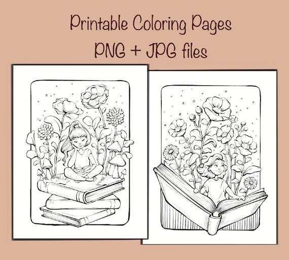 Girl Floral Books Coloring Pages Fantasy Procreate Letter | Etsy