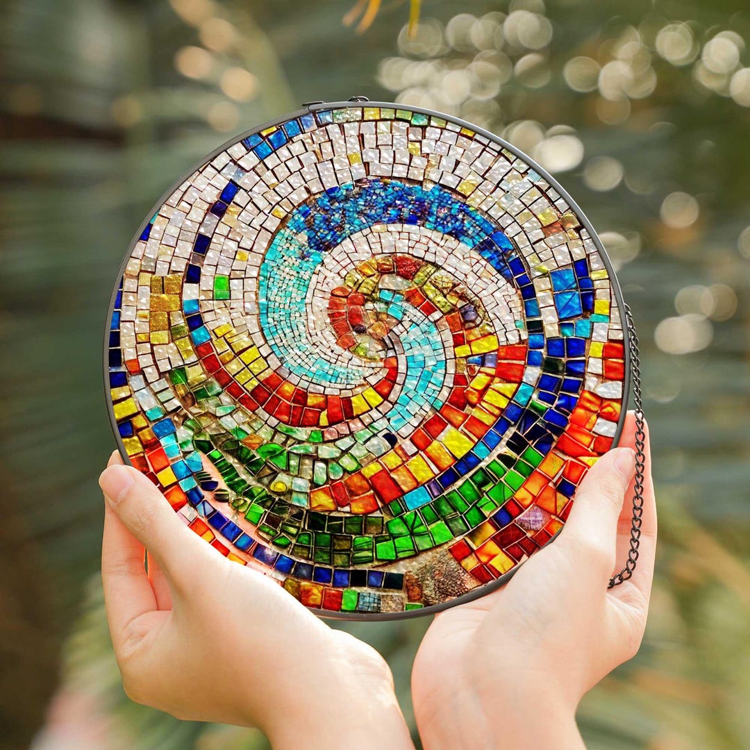Mosaic Spiral Glass Suncatcher Round Window Colorful Abstract Home ...