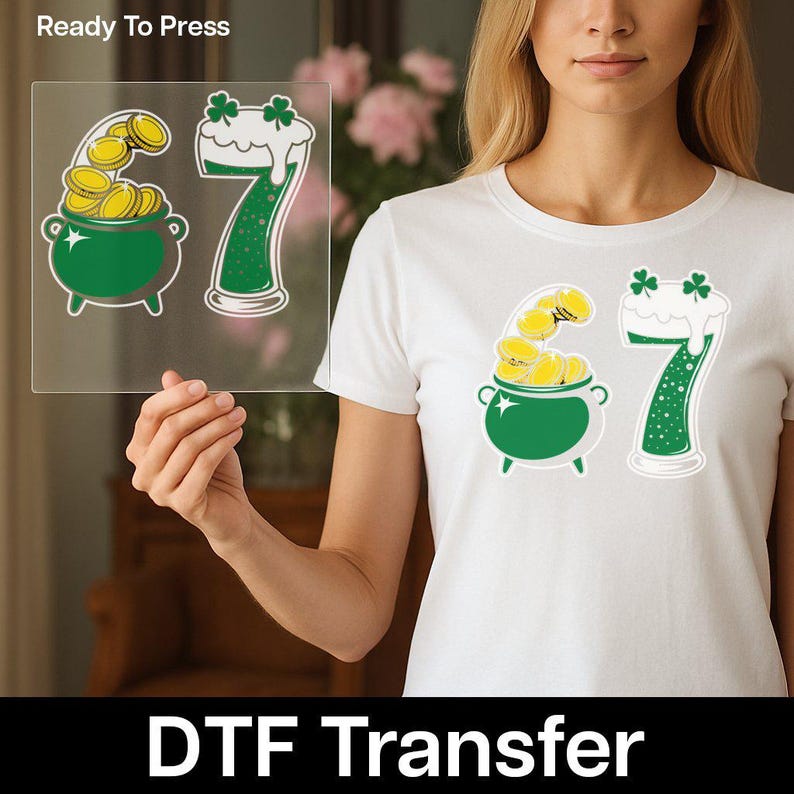 6 7 St. Patrick’s Day DTF Transfer, Lucky Gold & Beer Design, Trendy ...