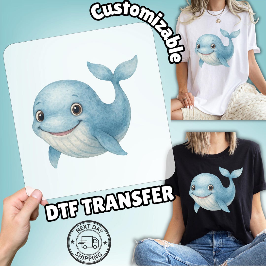 Cute Whale DTF Transfer, Ready to Press, Adorable Ocean Animal, Kids T ...