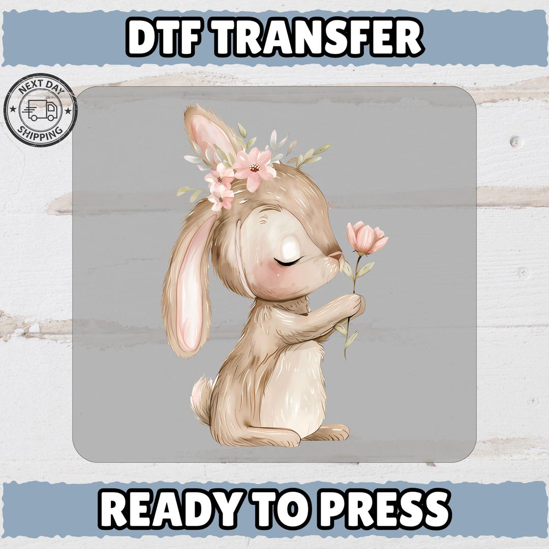 Cute Bunny & Floral Elements Design DTF Transfer, Ready to Press for ...