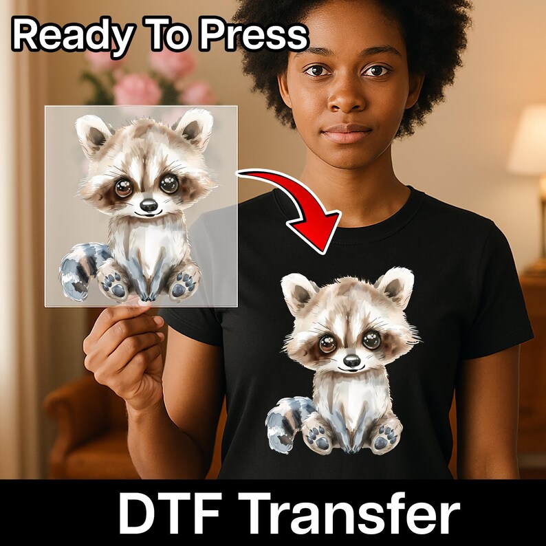 Cute Raccoon DTF Transfer for Kids Apparel, Adorable Animal Iron-on ...