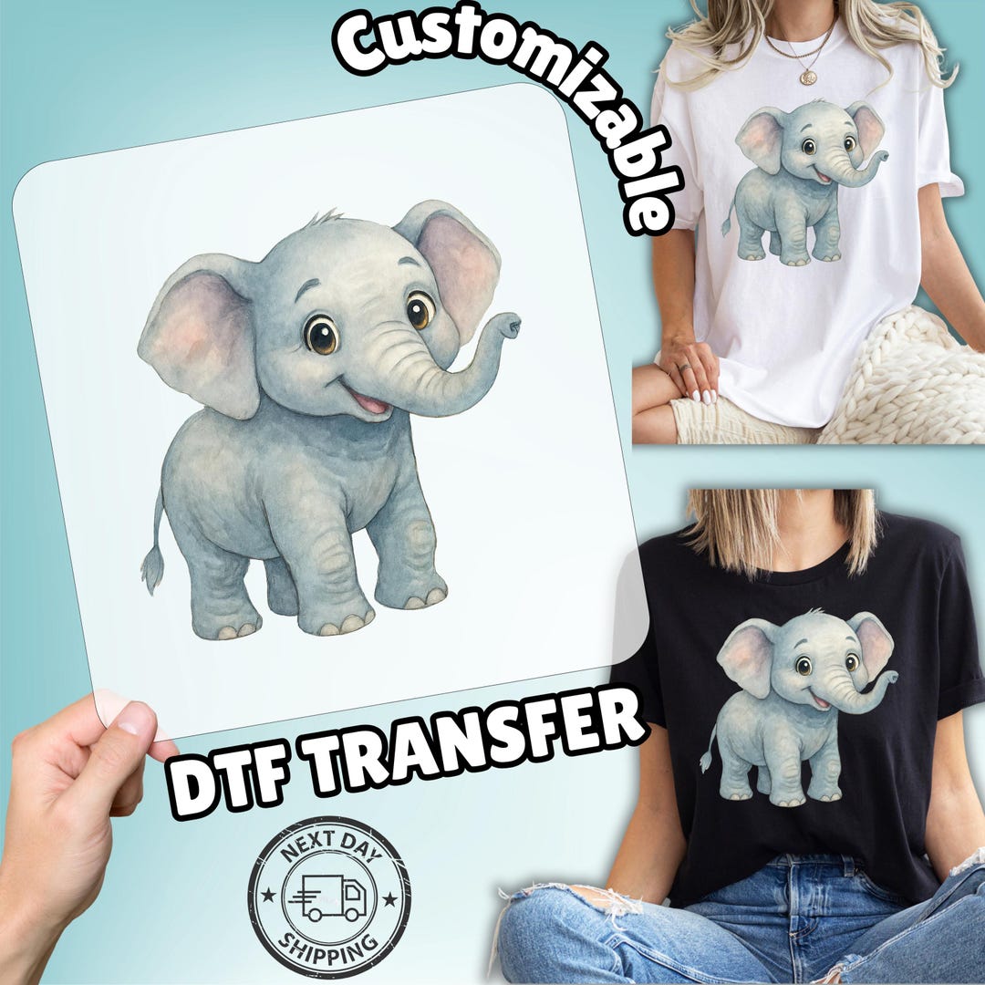 Cute Elephant DTF Transfer for Nursery Decor & Kids Apparel, Ready to ...