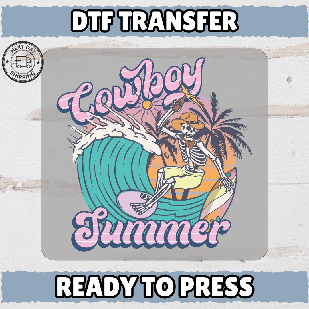 Retro Western Skeleton Cowboy Surfing DTF Transfer for Funny Summer T ...