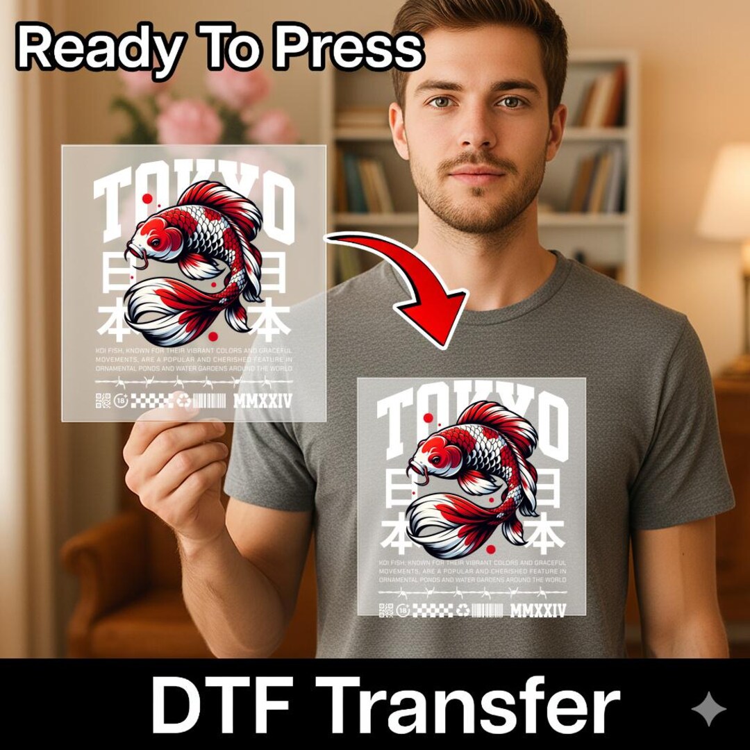 Koi Fish DTF Transfer, Tokyo Typography Japanese Symbolic Art Iron-on ...