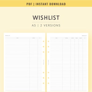 Wish List Printable Planner Inserts A5 Minimalist Wishlist Page ...