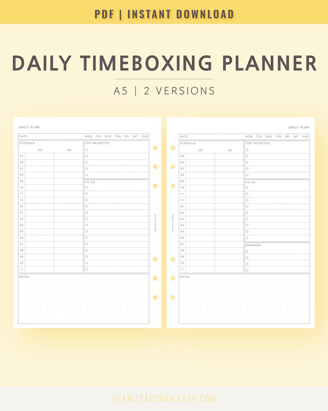 Daily Timeboxing Planner Page PDF A5 Minimalist Hourly Time Block Planner Printable Template ...