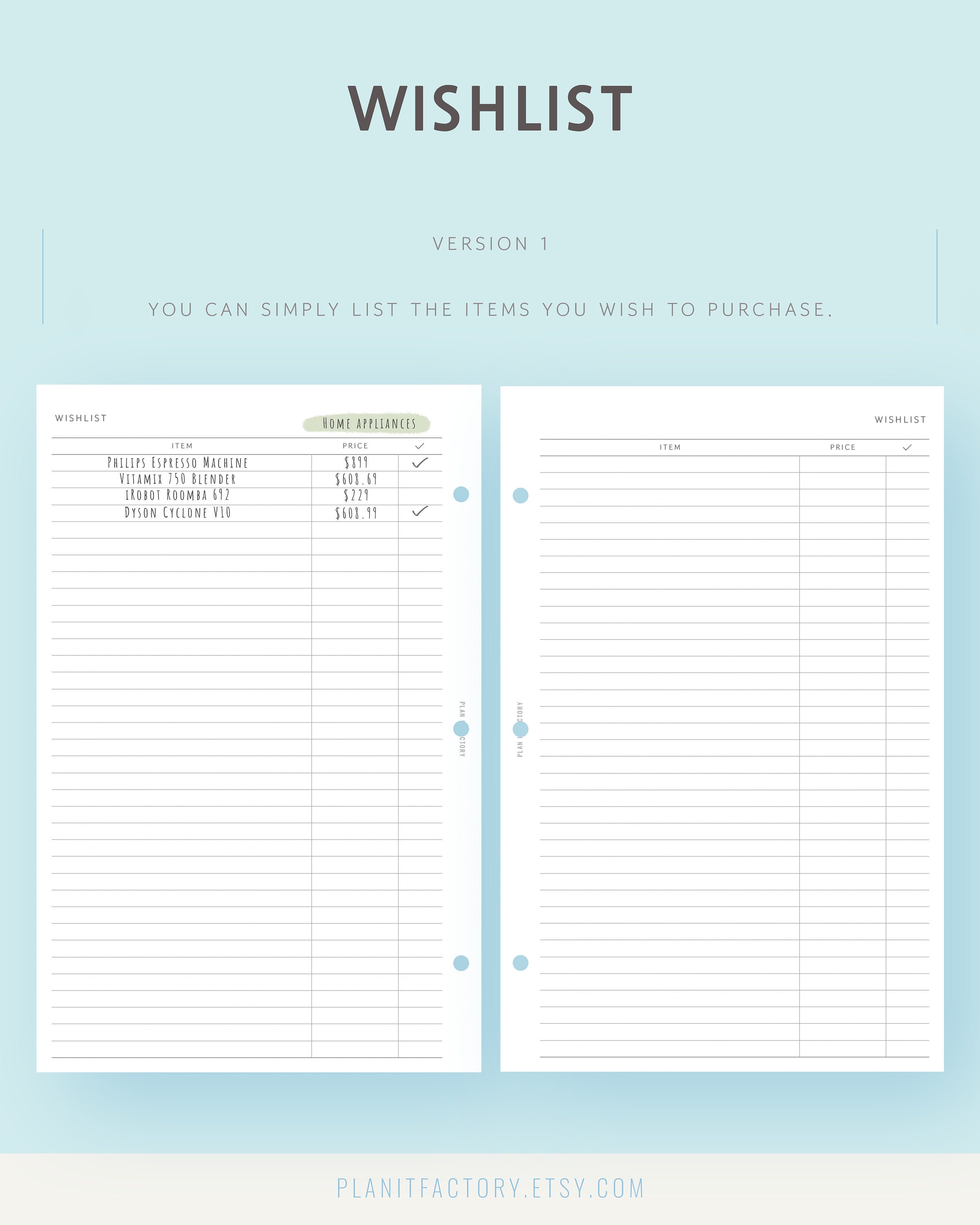 Wish List Printable Planner Inserts Half Letter Minimalist Wishlist ...