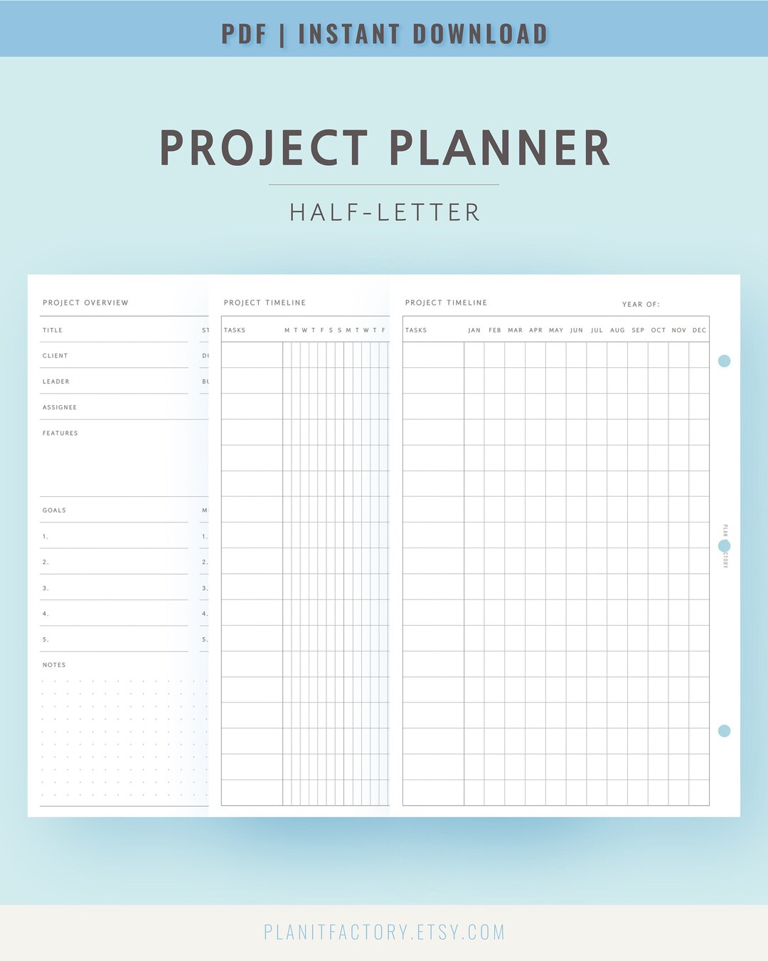 Project Planner Printable Template Pages Half Letter Project Overview Timeline PDF Task Tracker ...