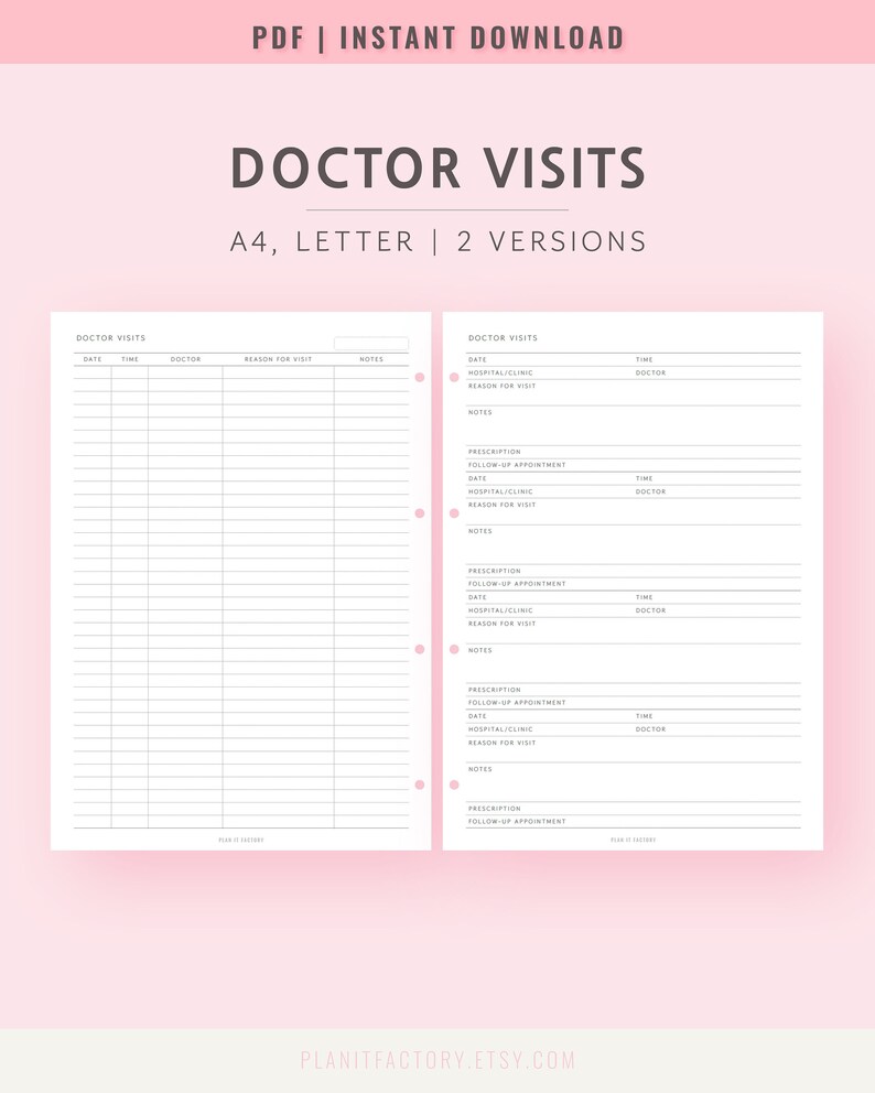 Doctor Visit Tracker Printable Pages A4, Letter Medical Specialist ...