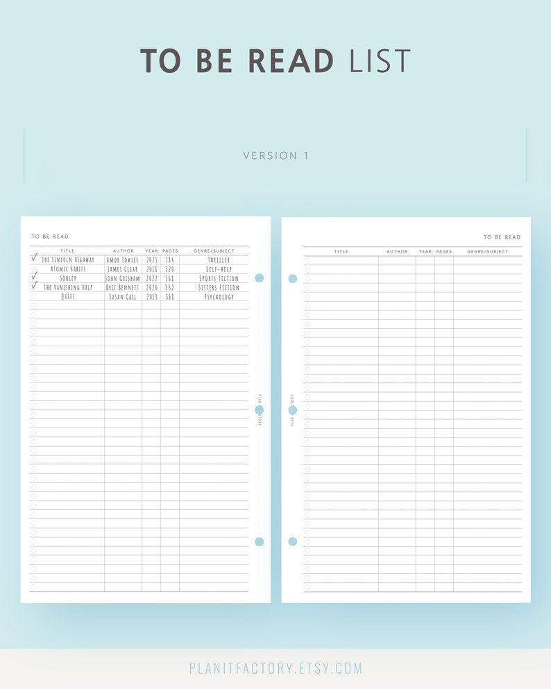 To Be Read List Template Printable Inserts Books to Read Pages for Book ...