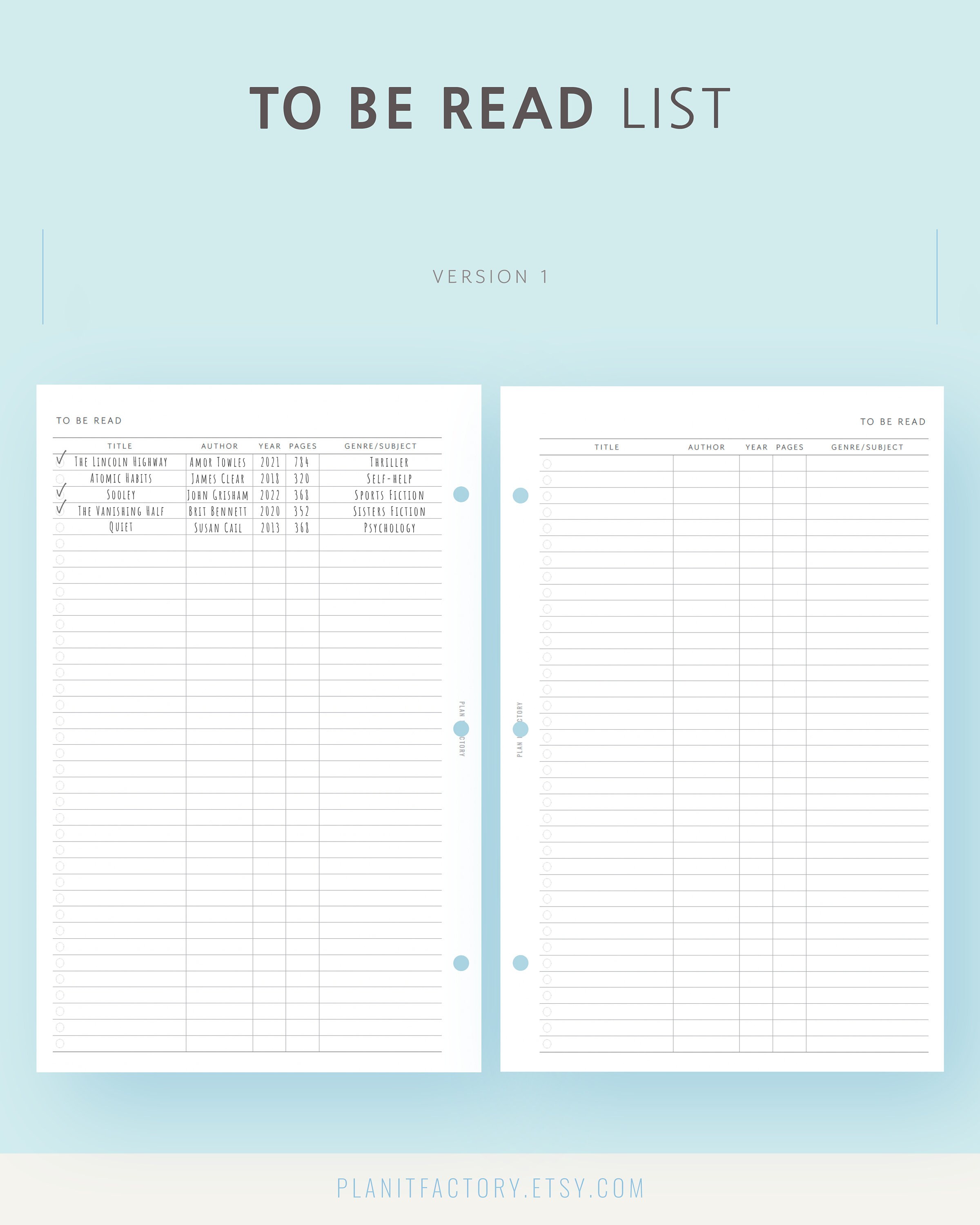 To Be Read List Template Printable Inserts Books to Read Pages for Book ...
