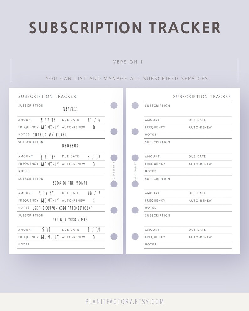 Subscription Tracker Printable Pocket Size Membership Service Checklist ...