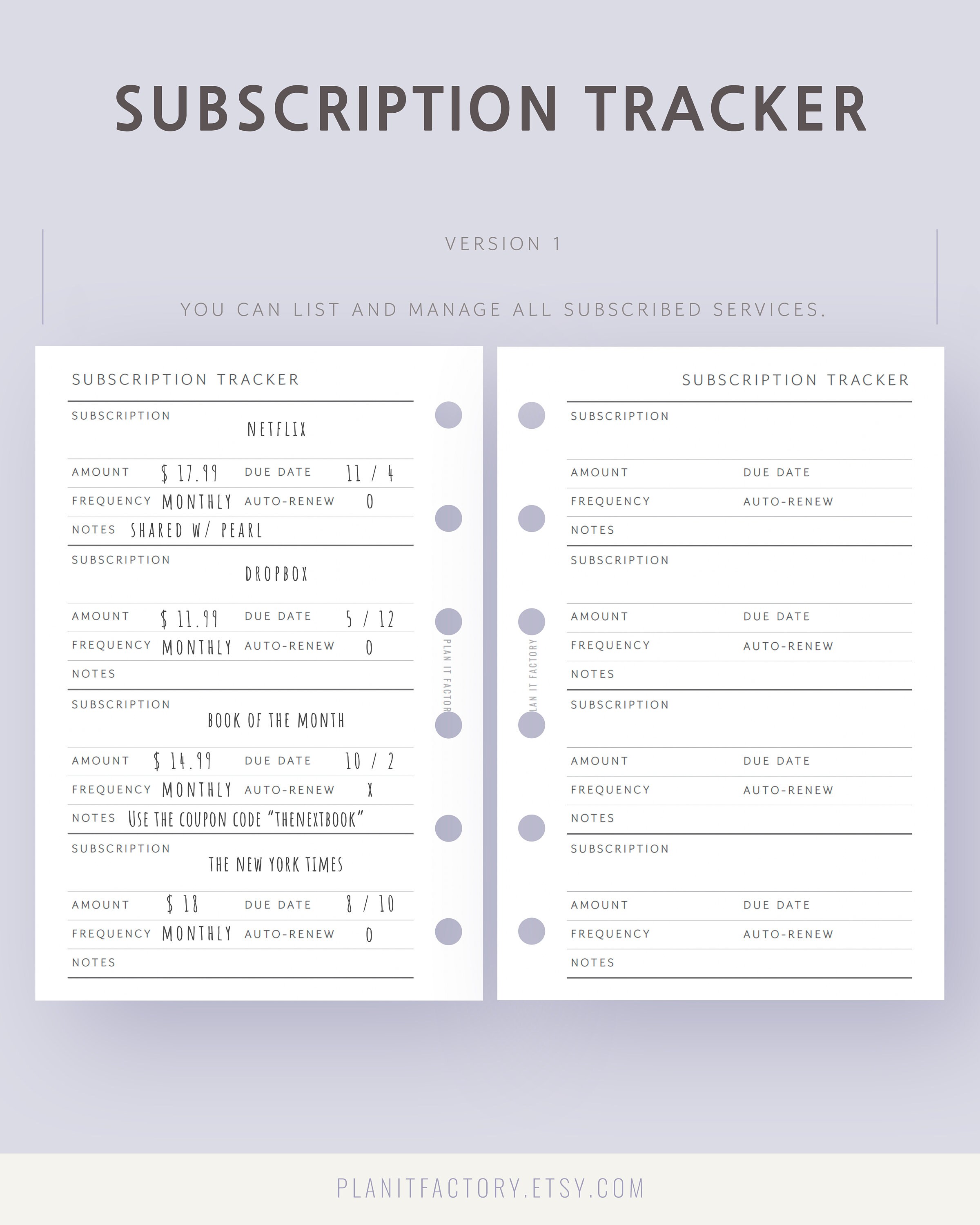 Subscription Tracker Printable Pocket Size Membership Service Checklist ...